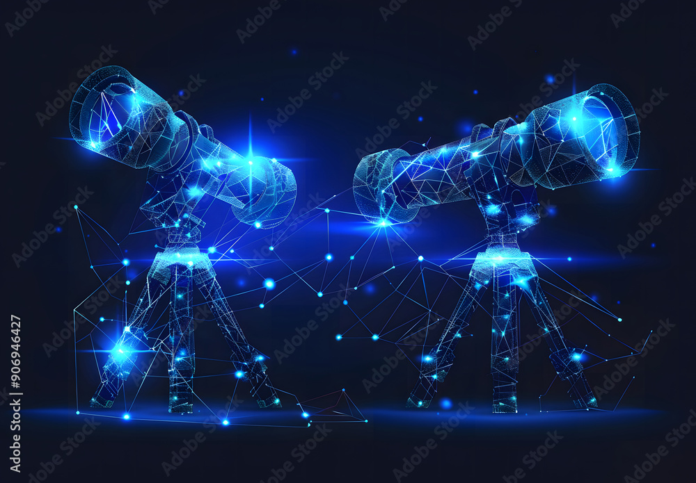 Digital blue binoculars with data streams, AI in visual recognition ...