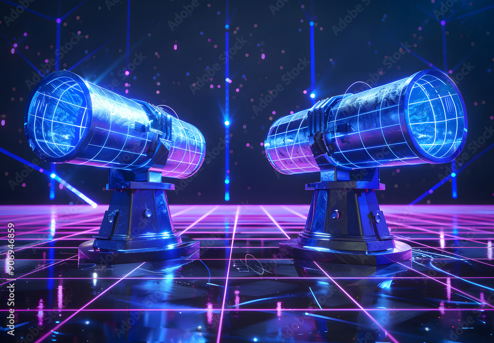 Digital blue binoculars with data streams, AI in visual recognition ...