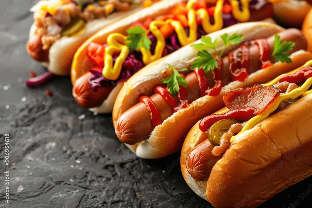 Delicious hot dogs bursting with vibrant toppings and flavors, with ...