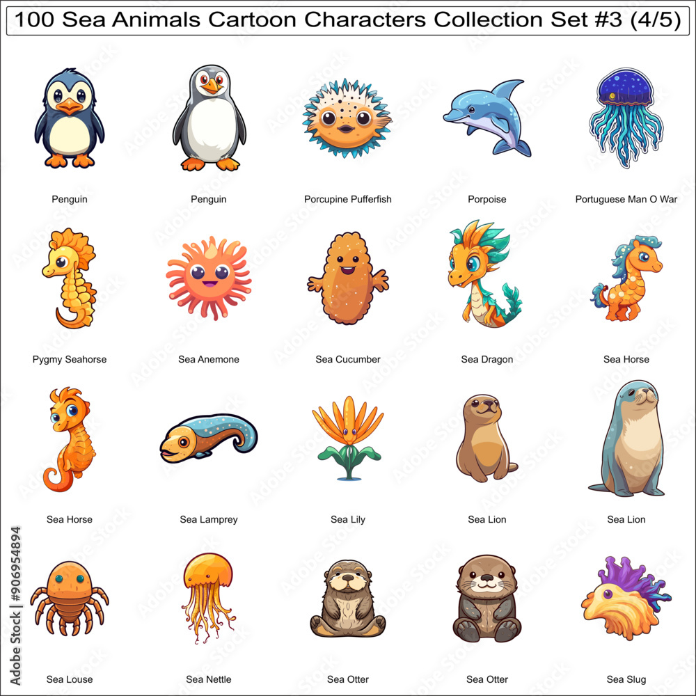 Cute Sea Animals Cartoon Characters Bundle Collection Set of 100 Sea ...