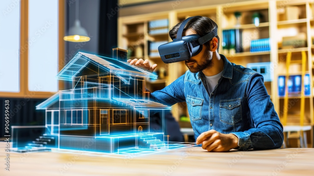 Architecting the Future: A focused architect visualizes a 3D blueprint ...