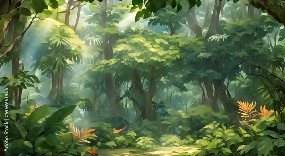 The camera glides over the dense canopy of a tropical rainforest ...