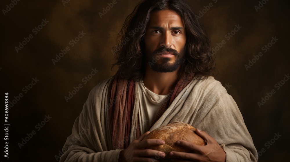 Jesus holding bread in holy communion, sacred moment with misty ...