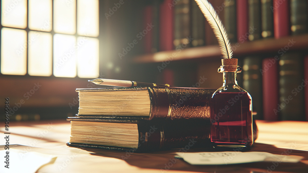 a stack of books with a quill pen and ink bottle, symbolizing the power ...