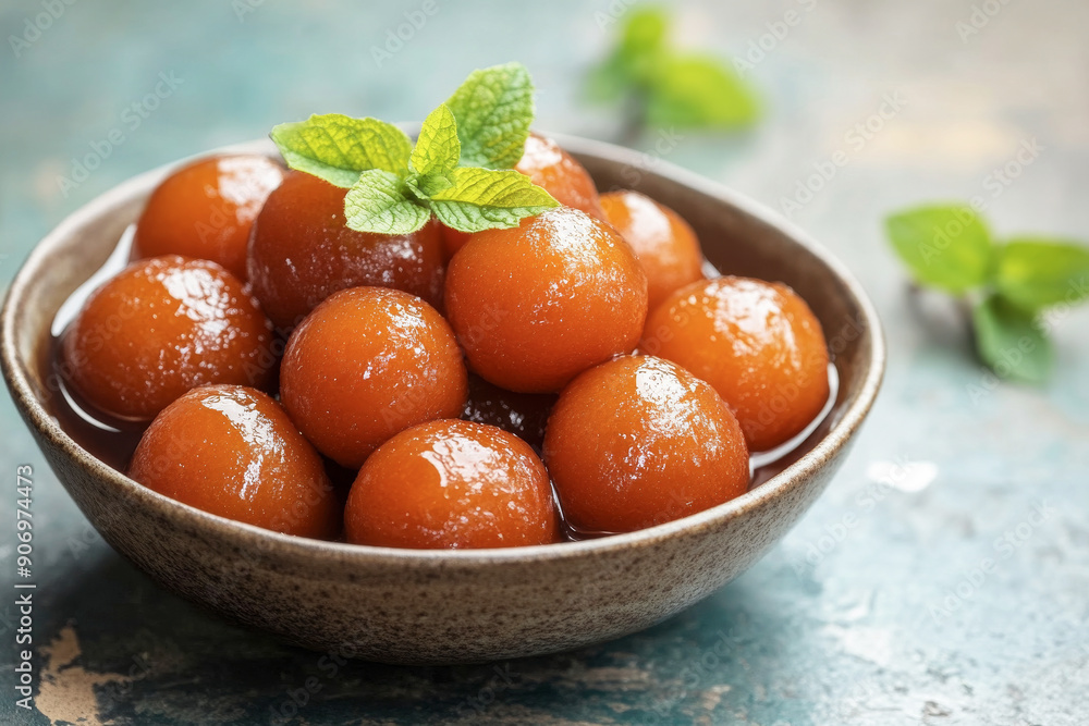 Indian sweets Julab jamuns in syrup on a plate decorated with a mint ...