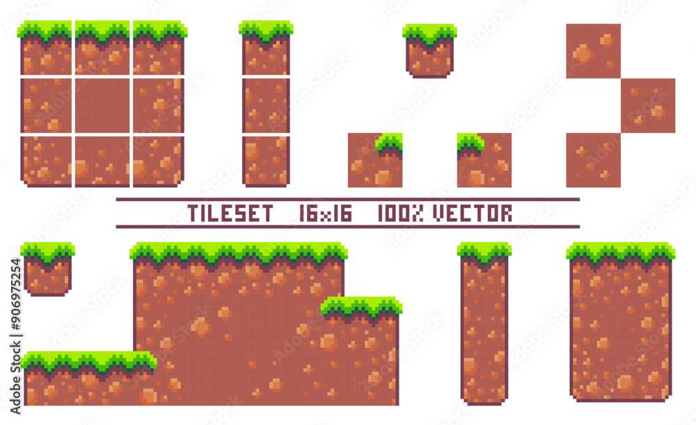 Pixel art tile set for 2d retro game. A set of ground tiles with grass ...
