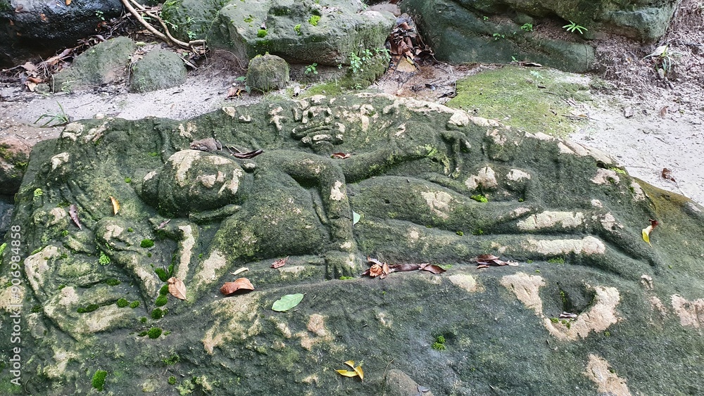 Cambodia. Bas-reliefs in the jungle on Phnom Kulen Mountain in the ...