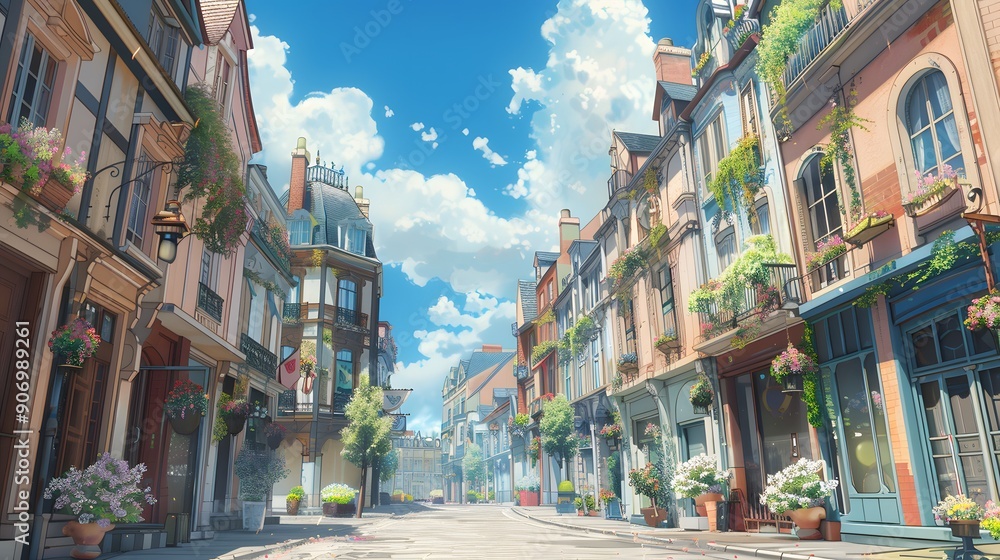 A sunny street view with shops, power lines, a clear sky, and a clock ...