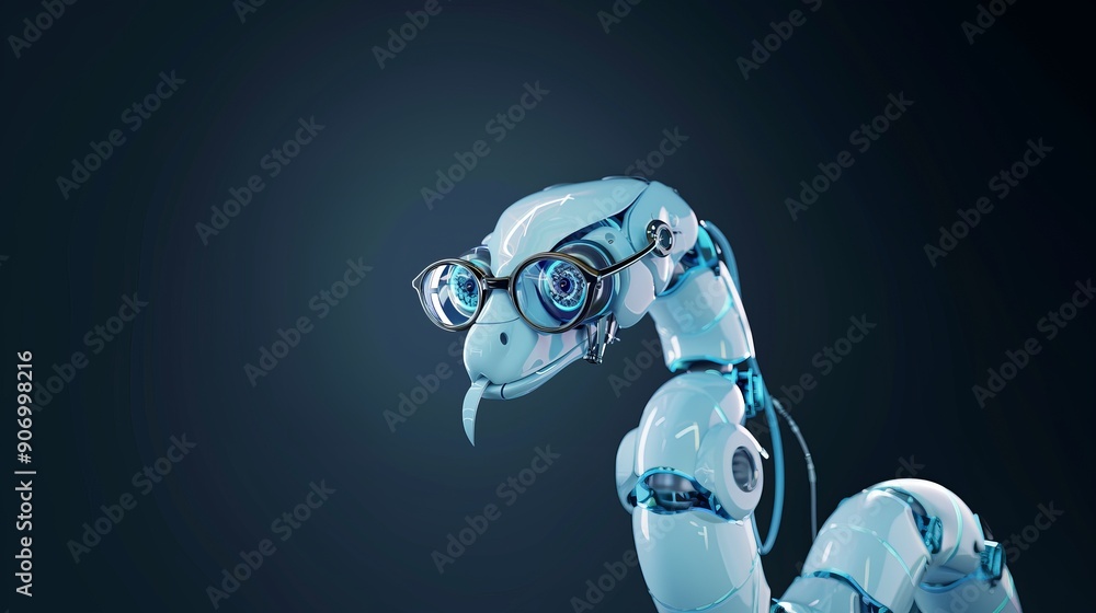 Futuristic snake-like robot with glasses, holding an open book in a ...
