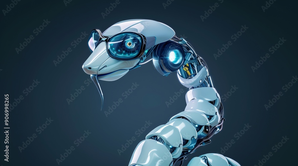 Futuristic snake-like robot with glasses, holding an open book in a ...