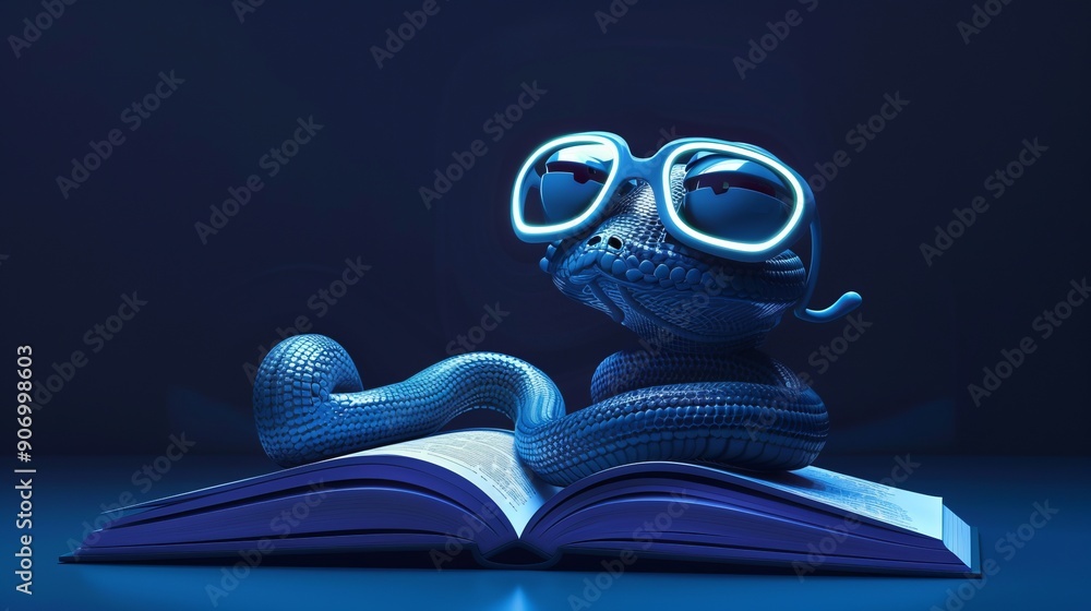 Futuristic snake-like robot with glasses, holding an open book in a ...