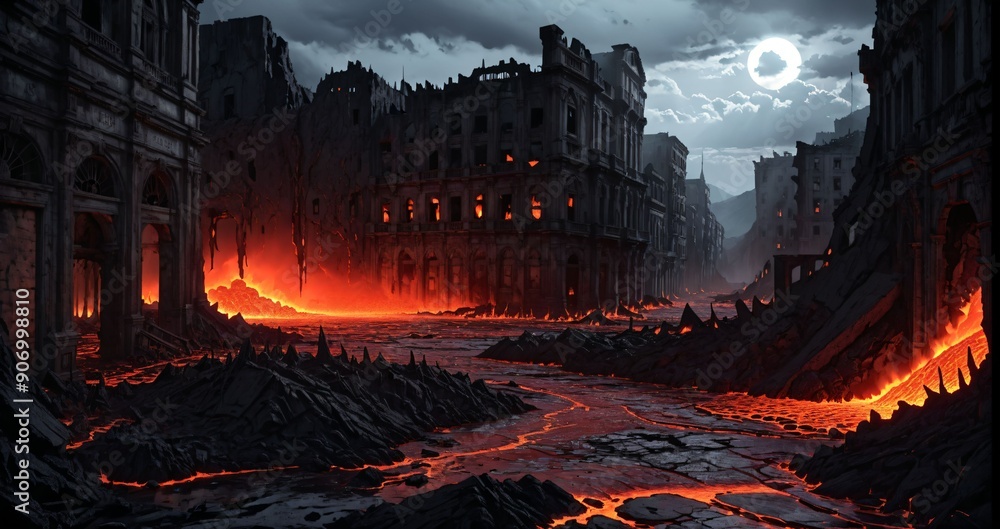 hellscape city buildings burning in inferno molten lava magma. vision ...