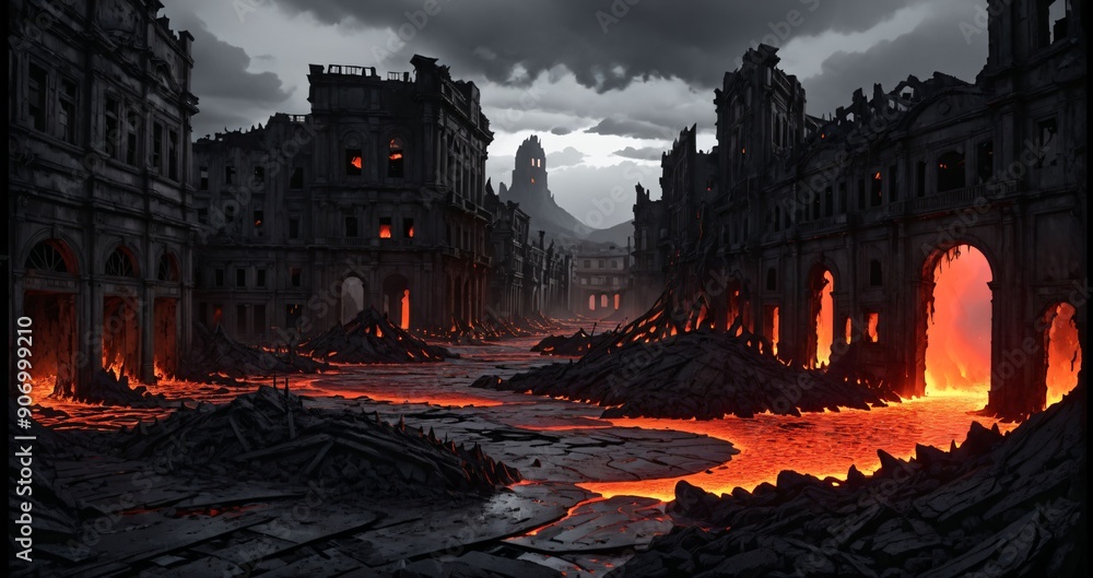 post apocalyptic city buildings drowning in lava during post apocalypse ...