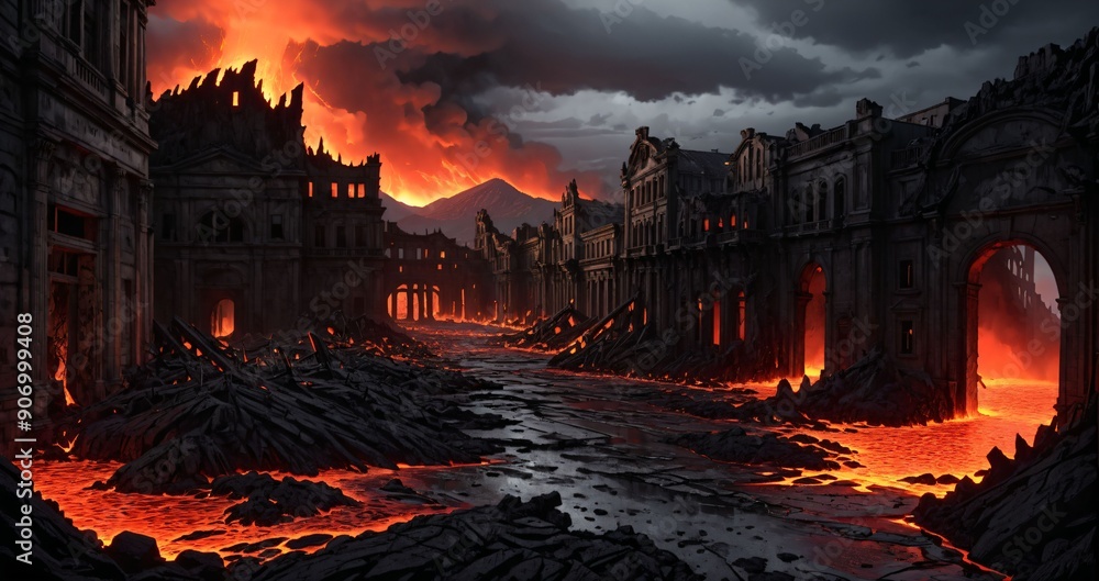 post apocalyptic city buildings drowning in lava during post apocalypse ...