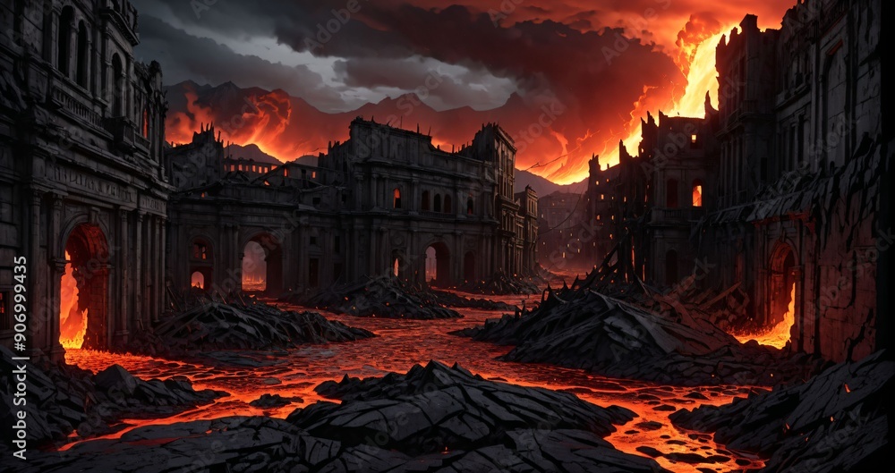post apocalyptic city buildings drowning in lava during post apocalypse ...