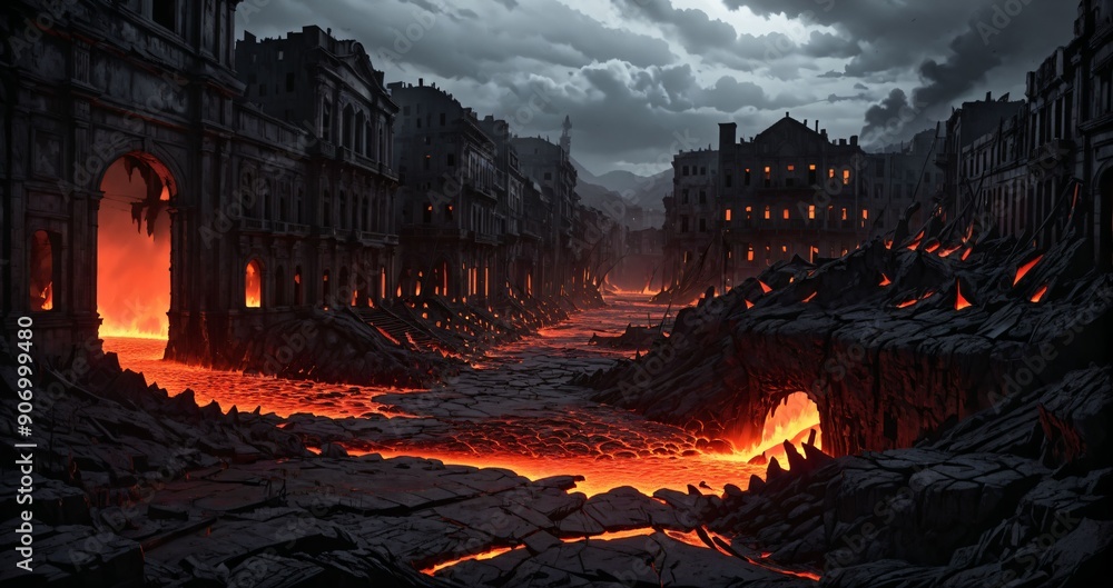 post apocalyptic city buildings drowning in lava during post apocalypse ...
