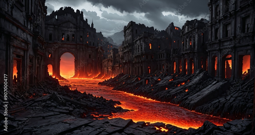 post apocalyptic city buildings drowning in lava during post apocalypse ...