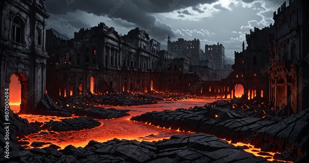 post apocalyptic city buildings drowning in lava during post apocalypse ...
