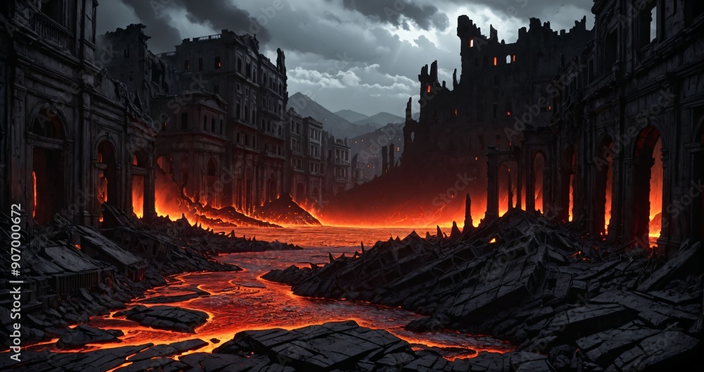 post apocalyptic city buildings drowning in lava during post apocalypse ...