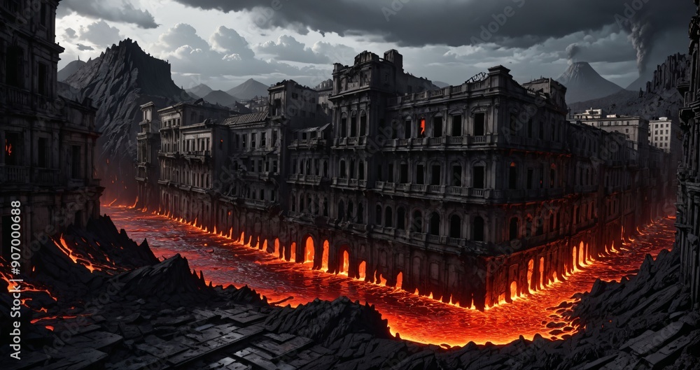 post apocalyptic city buildings drowning in lava during post apocalypse ...