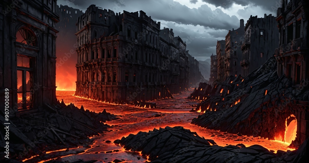 post apocalyptic city buildings drowning in lava during post apocalypse ...