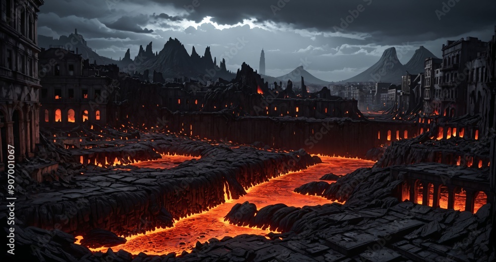 post apocalyptic city buildings drowning in lava during post apocalypse ...