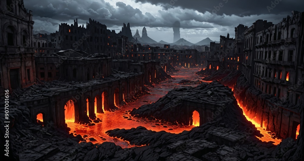 post apocalyptic city buildings drowning in lava during post apocalypse ...