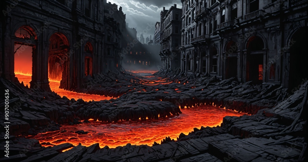 post apocalyptic city buildings drowning in lava during post apocalypse ...