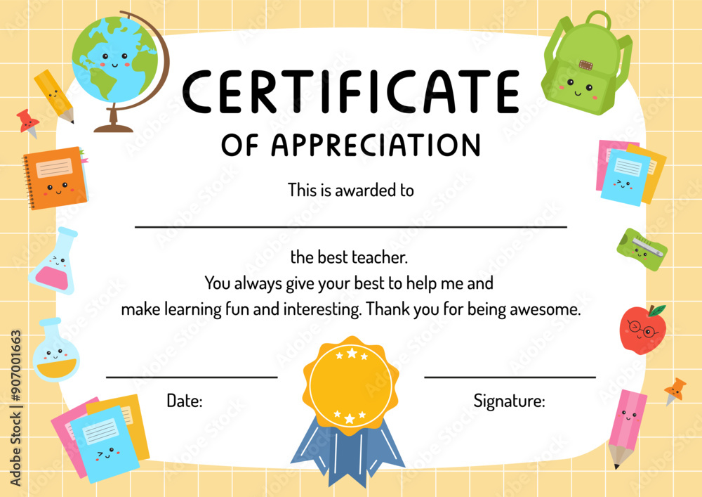 Vetor de Teacher appreciation certificate. Best teacher award. Thank ...