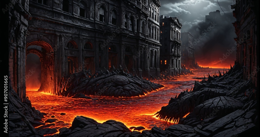 post apocalyptic city buildings drowning in lava during post apocalypse ...