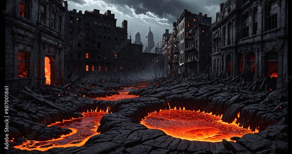 post apocalyptic city buildings drowning in lava during post apocalypse ...