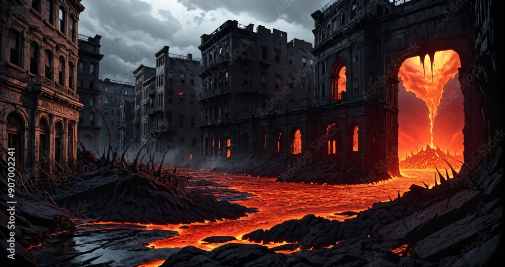 post apocalyptic city buildings drowning in lava during post apocalypse ...
