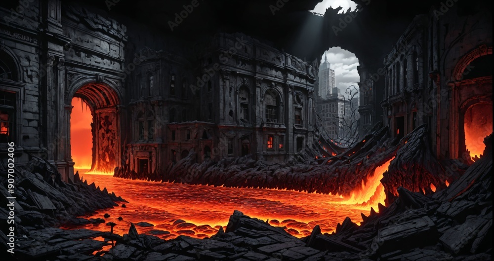 post apocalyptic city buildings drowning in lava during post apocalypse ...