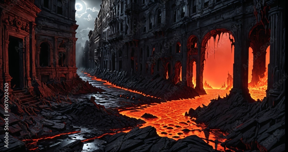 post apocalyptic city buildings drowning in lava during post apocalypse ...