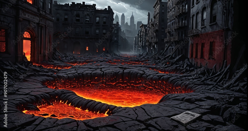post apocalyptic city buildings drowning in lava during post apocalypse ...