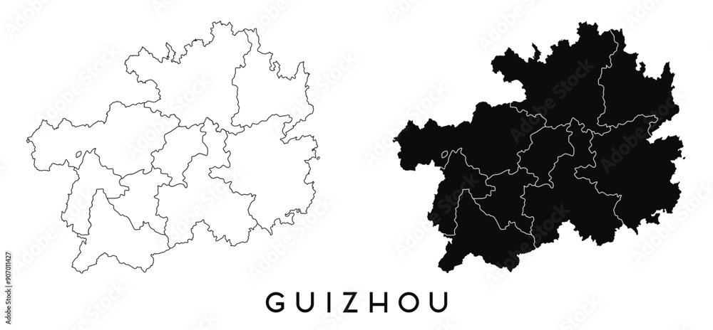 Guizhou map of regions districts vector black on white and outline ...