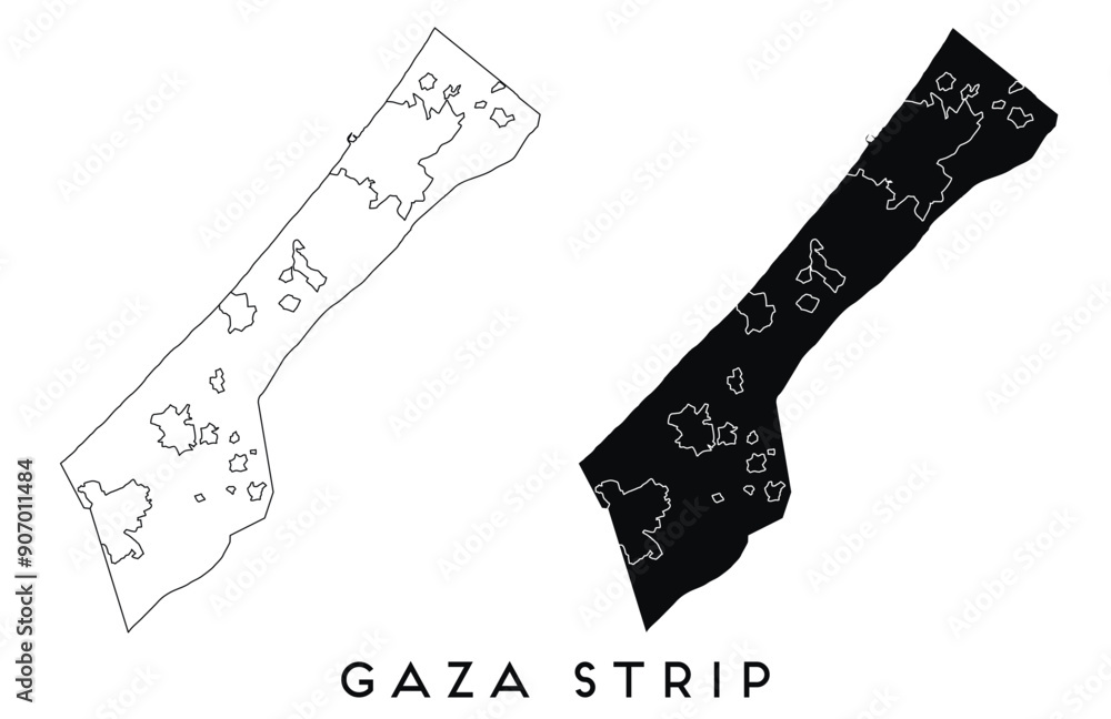 Gaza Strip map of regions districts vector black on white and outline ...
