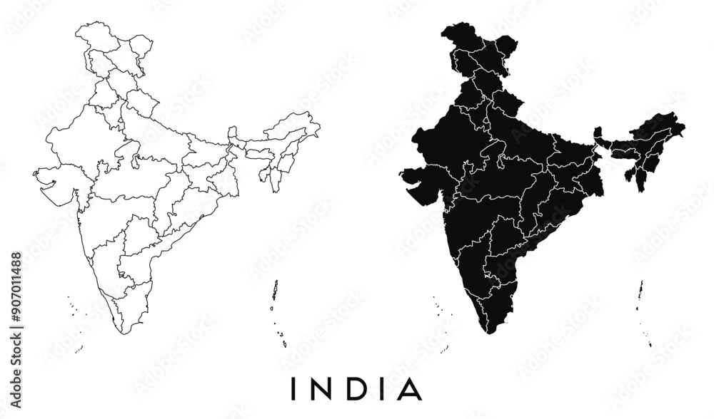 Poster India map of regions districts vector black on white and outline – Wandbild | Europosters
