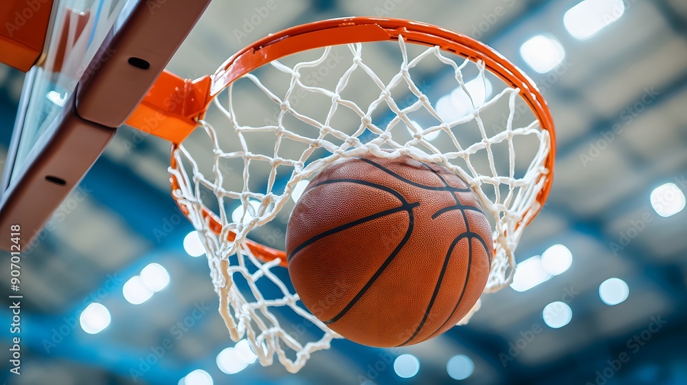 Portray a basketball going through the hoop, making a swish in the net ...