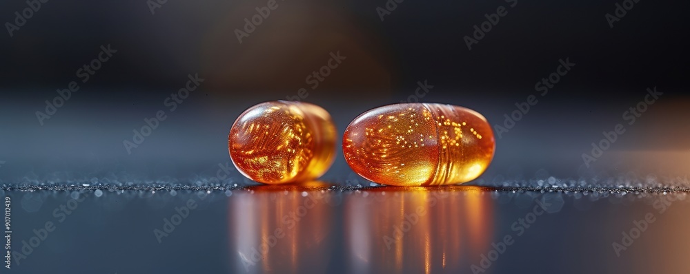 High-resolution macro photograph of two amber capsules on a reflective ...