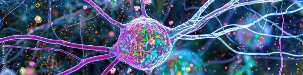 Neuron cell body in false color transmission electron microscope TEM ...