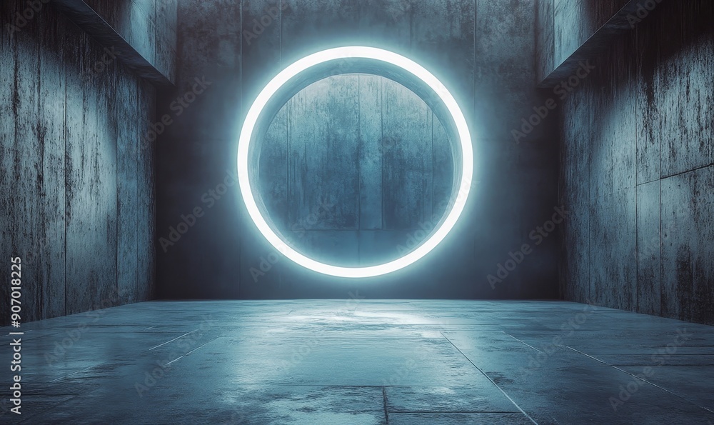 Futuristic circular space portal gloating over an empty concrete floor ...