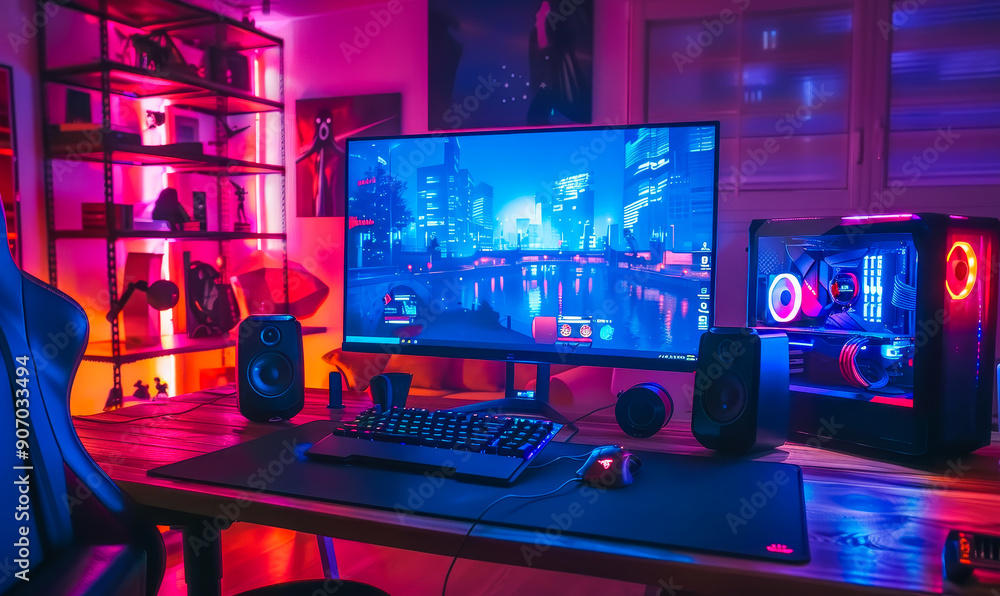 Immersive Gaming Setup with First-Person Shooter on Screen in Modern ...