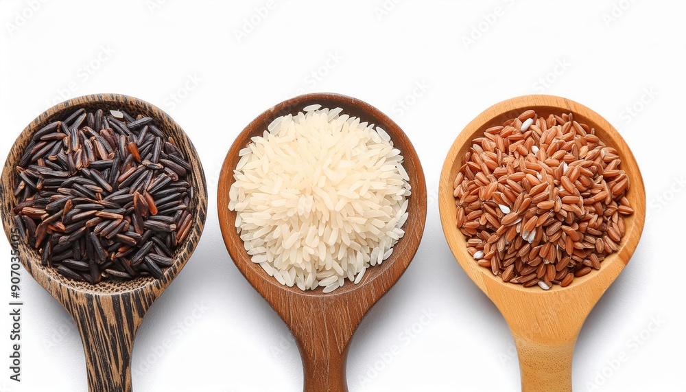 Various types of rice grains isolated on white background for mockup ...