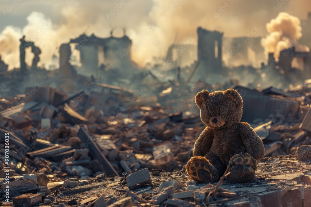 kids teddy bear toy over city burned destruction of an aftermath war ...