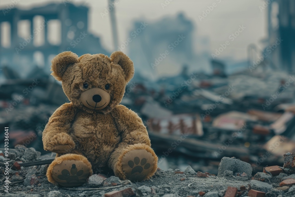 kids teddy bear toy over city burned destruction of an aftermath war ...