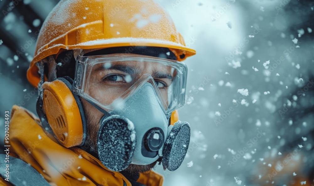 Professional construction worker wearing a high-grade dust mask ...