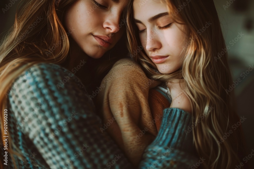 Empathic mom embracing calming down upset teen daughter helping and supporting, mother ...