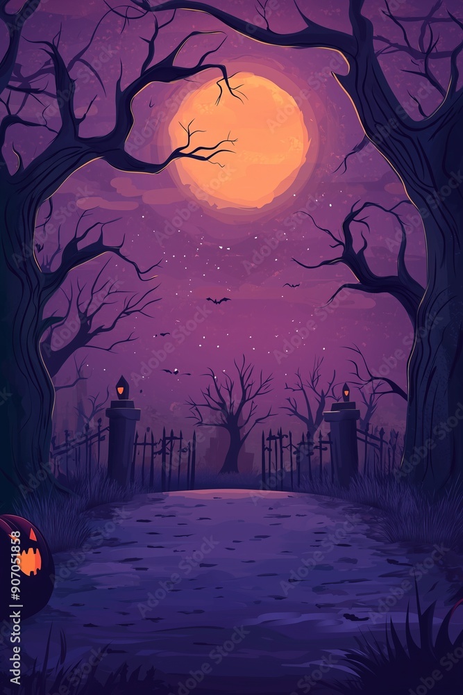 Illustration depicting a spooky pathway lined with bare trees under a ...