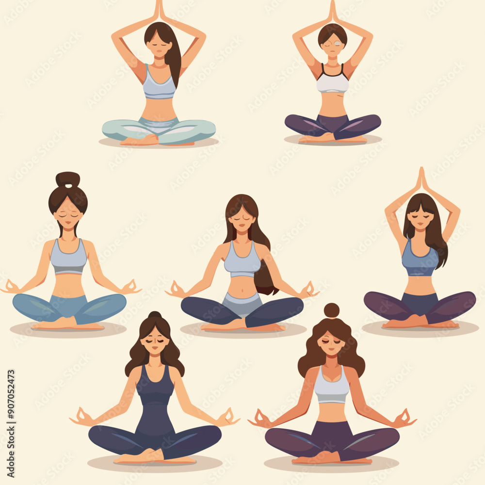 Six women practicing yoga poses meditation exercises, character ...